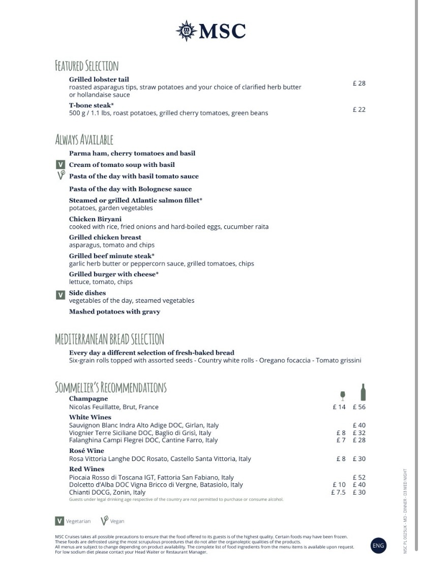 MSC Virtuosa Main Dining Room Menus 2025 – Breakfast, Brunch, Lunch ...