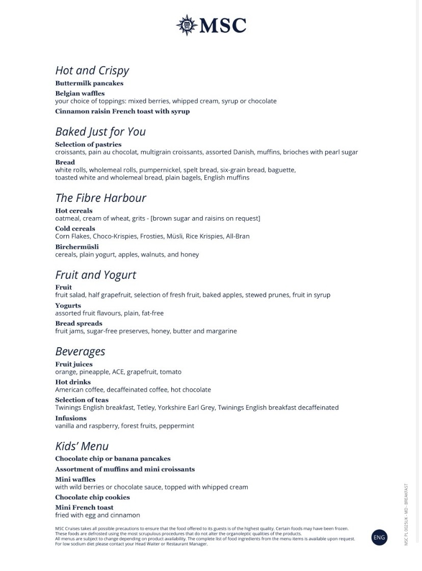 MSC Virtuosa Main Dining Room Menus 2025 – Breakfast, Brunch, Lunch ...