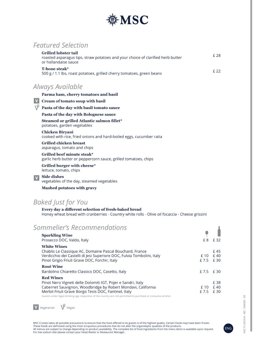 MSC Virtuosa Main Dining Room Menus 2025 – Breakfast, Brunch, Lunch ...